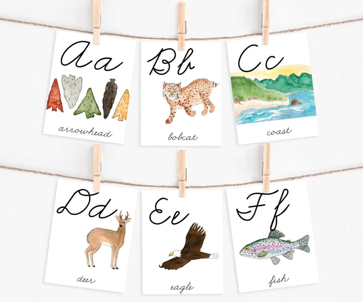 Pacific Northwest Alphabet Flashcards in Cursive | Printable - Green ...